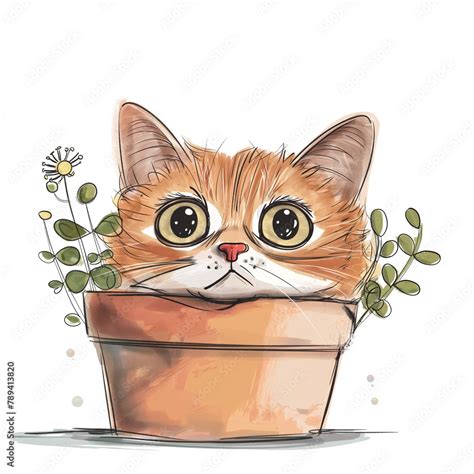 Cat Inside Flowerpot Doodle Sketch Of A Cat Poking Head Out Of Flowerpot Stock Illustration