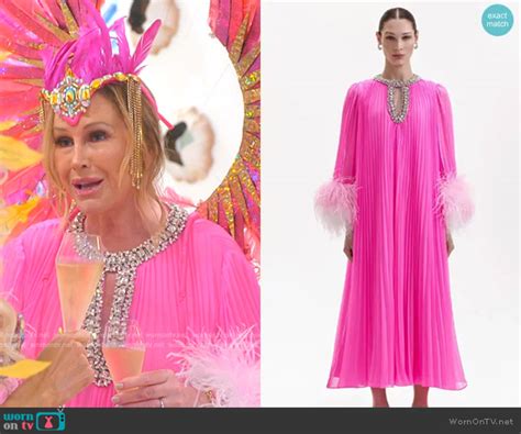 Wornontv Kathys Pink Feather Trim Pleated Dress On The Real