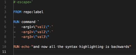 Dockerfile Syntax Highlighting For Escaped Quotes Is Not Quite Right · Issue 75 · Microsoft