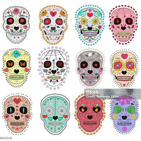 설탕 두개골 일러스트 의 집합입니다 포스터 엽서 전단지 배너 인쇄를위한 디자인 요소 벡터 일러스트레이션 11월에 대한 스톡 벡터