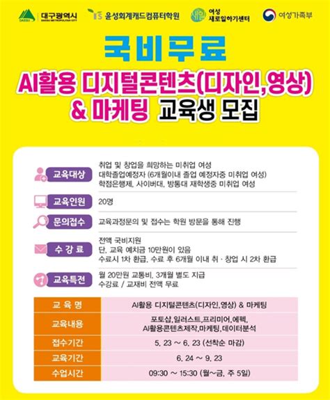 ﻿윤성컴퓨터디자인아카데미 Ai활용 디지털콘텐츠and마케팅 교육생 모집 국비무료교육”