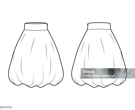 스커트 풍선 기술 패션 일러스트 와 아래 무릎 길이 실루엣 와이드 스트레치 허리 밴드 플랫 바닥 0명에 대한 스톡 벡터 아트 및