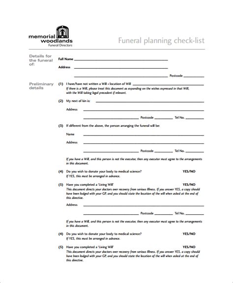 Printable Funeral Arrangement Forms Printable Forms Free Online