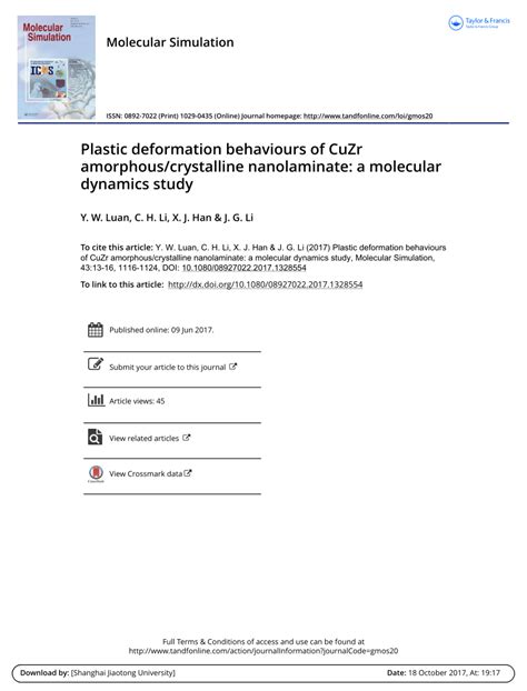 Pdf Plastic Deformation Behaviours Of Cuzr Amorphous Crystalline Nanolaminate A Molecular