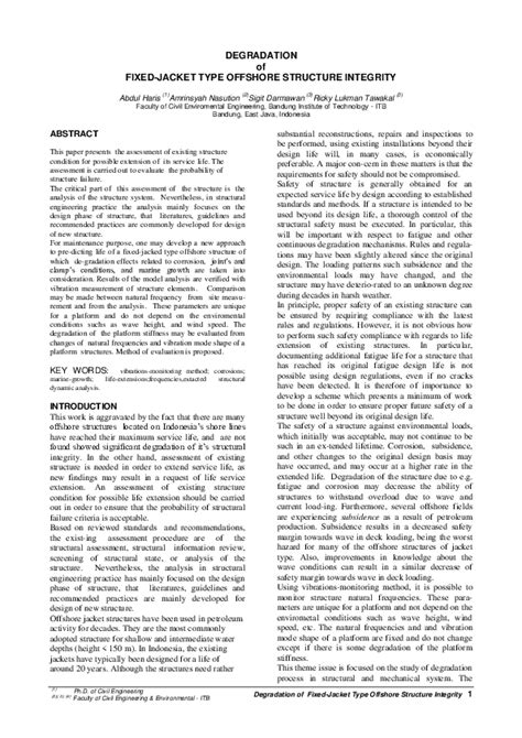 Pdf Degradation Of Fixed Jacket Type Offshore Structure Integrity 1 Degradation Of Fixed