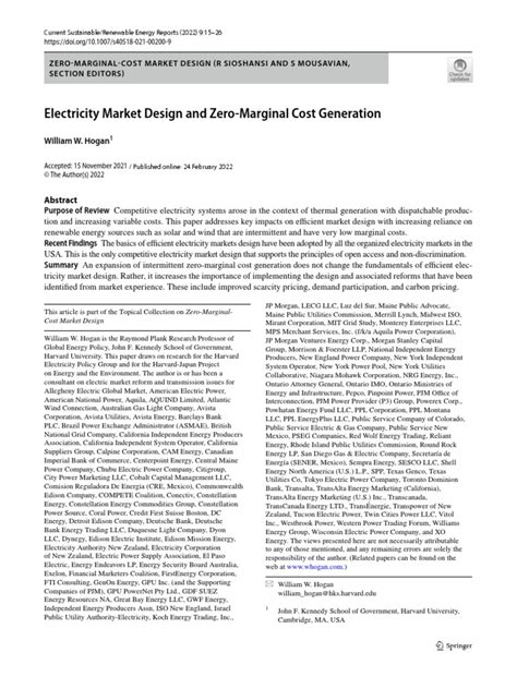 Ww Hogan Electricity Market Design And Zero Marginal Cost Generation Pdf Market Economics