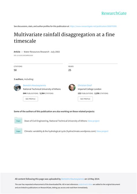 Pdf Multivariate Rainfall Disaggregation At Fine Timescale