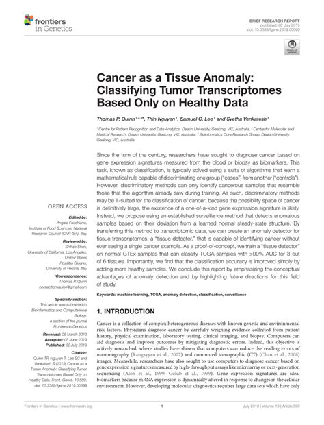 Pdf Cancer As A Tissue Anomaly Classifying Tumor Transcriptomes