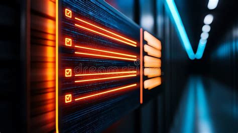 Futuristic Server Panel With Glowing Indicators In A Dark Corridor