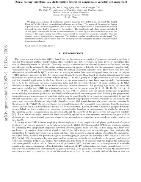 Pdf Dense Coding Quantum Key Distribution Based On Continuous Variable Entanglement