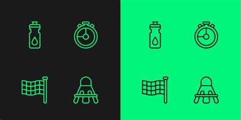 세트 라인 배드민턴 셔틀콕 체크 무늬 깃발 피트니스 셰이커 및 스톱워치 아이콘 벡터 건강한 생활방식에 대한 스톡 벡터 아트 및 기타 이미지 건강한 생활방식 건강한