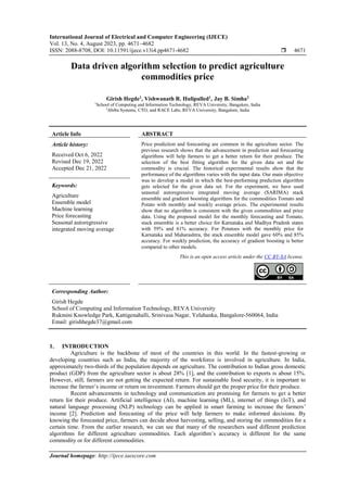 Data Driven Algorithm Selection To Predict Agriculture Commodities