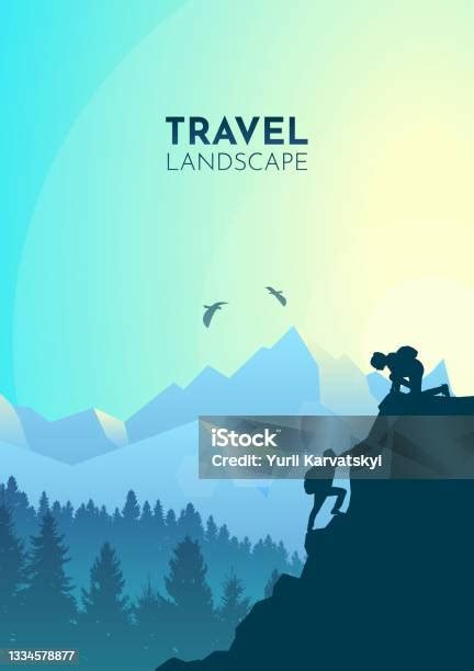 산을 등반하는 남자와 여자 팀워크 자연을 발견하고 탐험하고 관찰하는 여행 개념 하이킹 관광 모험 미니멀 한 그래픽 전단지 다각형 플랫 디자인 벡터 일러스트레이션 등산에 대한