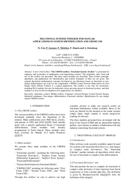 Pdf Fractional Systems Toolbox For Matlab Applications In System Identification And Crone Csd
