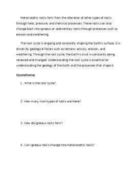 Rock Cycle Reading Worksheet By Rod S Ecosystem Lab TPT