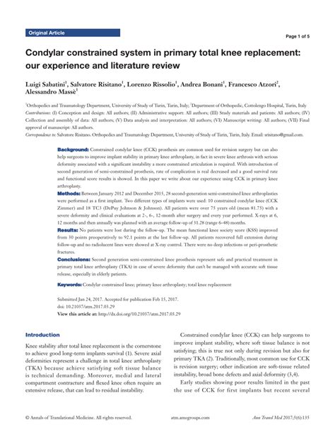 Pdf Condylar Constrained System In Primary Total Knee Replacement Our Experience And