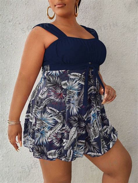 Shein Swim Lushore Summer Beach Plus Size Tropical Print Ruched Bust