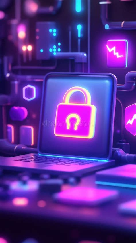 Digital Security Icon Featuring Glowing Padlock On Laptop Screen Symbolizing Protection Stock