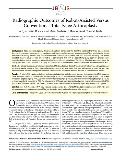 Pdf Radiographic Outcomes Of Robot Assisted Versus Conventional Total Knee Arthroplasty A