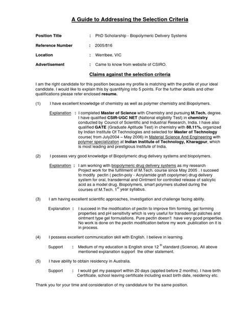 Statement Addressing The Selection Criteria And Research Proposal Pdf Masters Degree