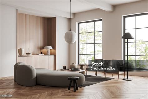 소파와 서랍이 있는 흰색 냉장실 인테리어 파노라마 창문 0명에 대한 스톡 사진 및 기타 이미지 0명 3차원 형태 가구