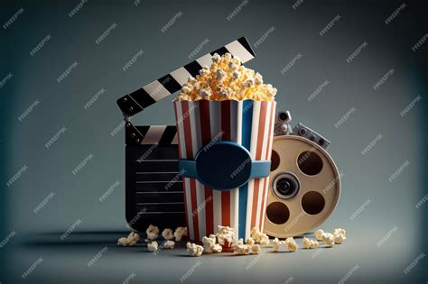 대형 영화관 내부의 팝콘 버킷 클래퍼 보드 및 필름 릴 프리미엄 사진