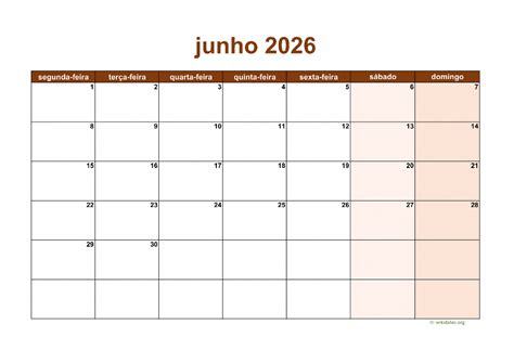 Calendário Junho 2026