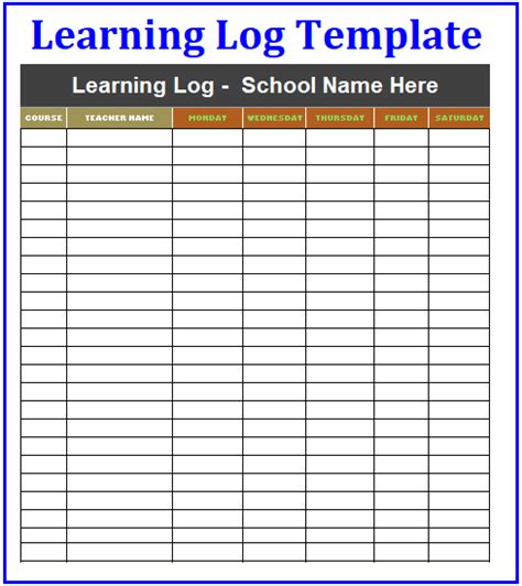 Learning Log Templates Printable Log Sheet