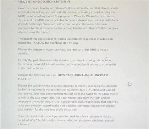 Solved Mdq Step One Decision Statementnow That You Are