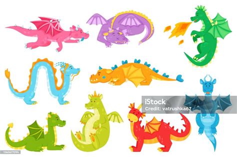 만화 용 동화 드래곤 호흡 화재 비행 또는 자 귀여운 드래곤 캐릭터 어린이 벡터 세트마법의 판타지 생물 0명에 대한 스톡 벡터 아트 및 기타 이미지 Istock