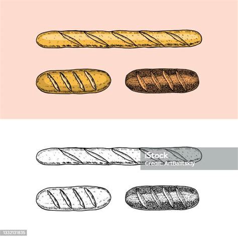 베이커리 제품 바게트와 빵 파이 케이크 라벨 및 메뉴 베이커리 상점을위한 오래된 스케치와 빈티지 스타일에 그려진 새겨진 손 개체 그룹에 대한 스톡 벡터 아트 및 기타 이미지