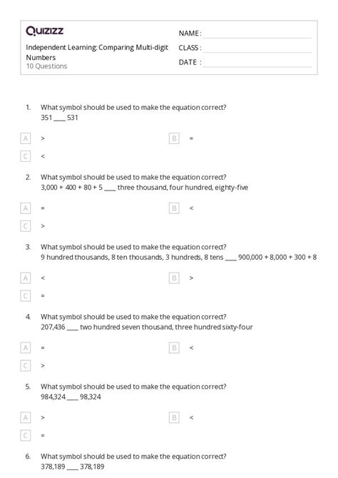 50 Comparing Three Digit Numbers Worksheets For 4th Class On Quizizz Free And Printable