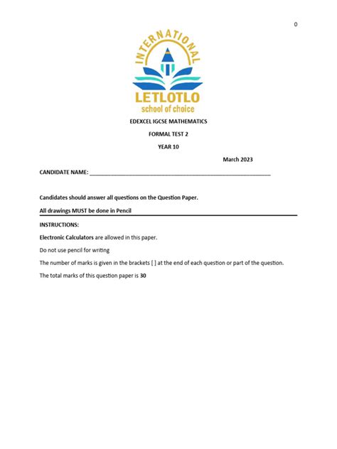Edexcel Igcse Mathematics Formal Test 2 Pdf