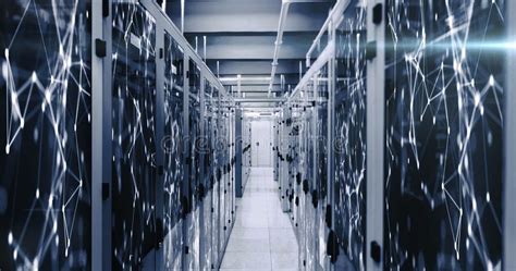 Image Of Multiple Icons Over Connected Dots On Data Server Racks In