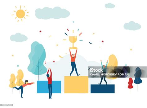 벡터 일러스트 레이 션 우승자는 처음에 연단에 서 보상을 하 고 최고의 승리에 대 한 상 승리 동작 활동에 대한 스톡 벡터 아트 및 기타 이미지 Istock