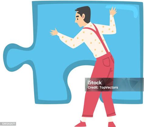 직소 퍼즐을 해결하는 젊은 남자의 백 뷰 블루 퍼즐 요소 만화 스타일 벡터 일러스트를 연결하려고 하는 사람 개념에 대한 스톡