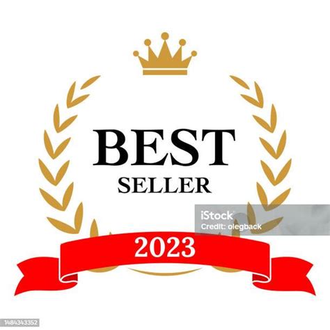 베스트셀러 엠블럼 월계수 잎 화환이 있는 배지 황금 왕관 빨간 리본에 2023년 2023년에 대한 스톡 벡터 아트 및 기타