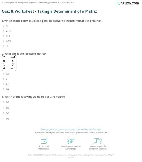 Quiz And Worksheet Taking A Determinant Of A Matrix