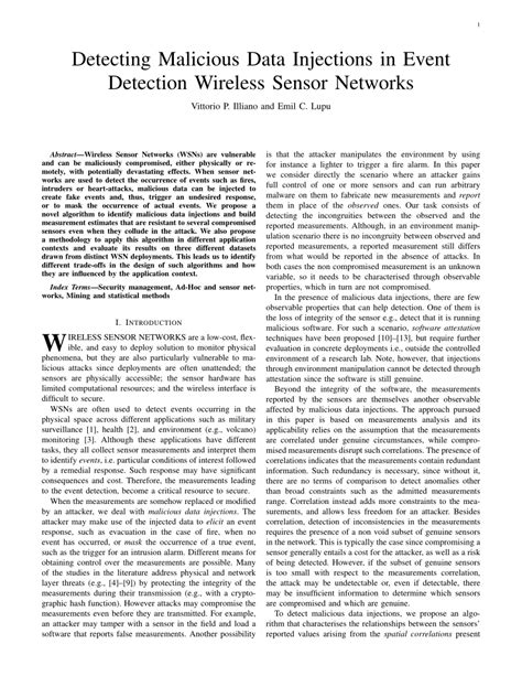 pdf detecting malicious data injections in event detection wireless sensor networks