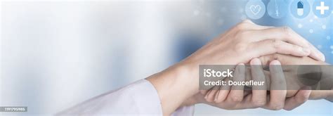 병원의 흐림 배경으로 환자를 위로하는 의사의 손과 의료 배너 배경 환자에 대한 스톡 사진 및 기타 이미지 환자 감사 손 Istock