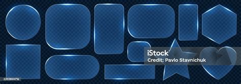 유리판 프레임 투명 세트 밝은 네온 라이트 가장자리가 있는 다양한 유리 쇼케이스 모양 직사각형 프레임의 사실적인 창 모형 빛나는 눈부심과 반사광이 있는 유리 질감 0명에