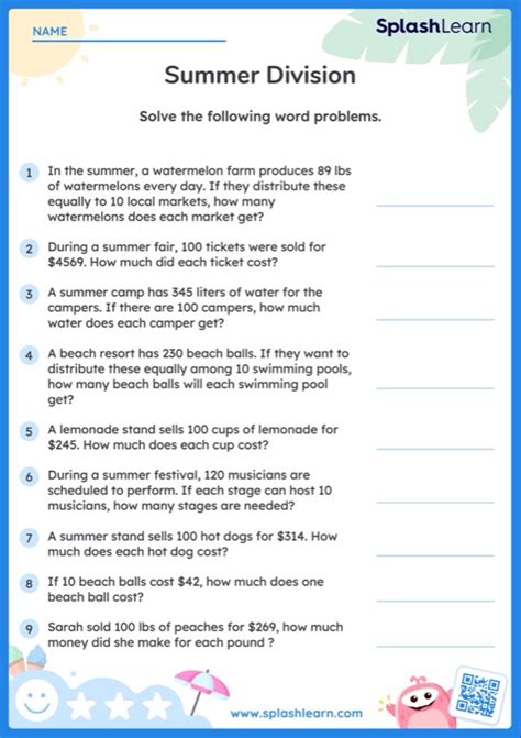 Divide Whole Numbers By 10 Or 100 Summer Word Problems Worksheet