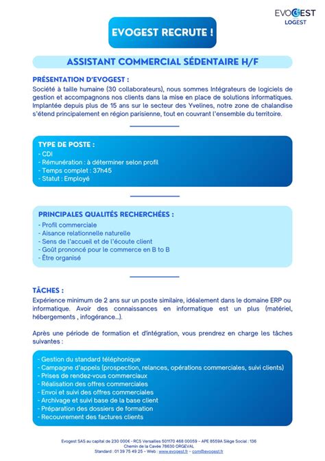 📢 Evogest Recherche Son Nouvel Assistant Commercial Sédentaire H F… Evogest Logest