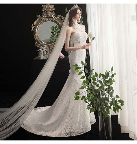 홀터넥 머메이드 롱 테일 풀 레이스 신부 웨딩 드레스 티몬