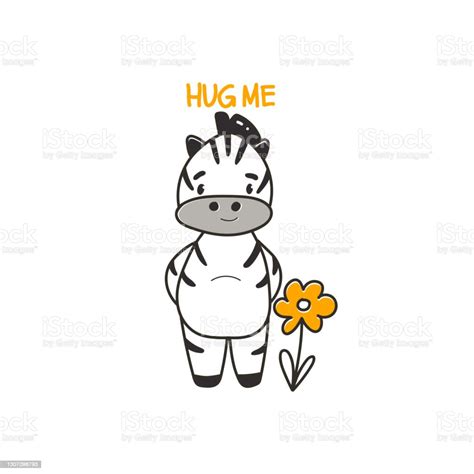 작은 얼룩말 새끼와 문구가있는 귀여운 일러스트 어린이 티셔츠와 착용 베이비 룸 및 인사말 카드를위한 벡터 프린트가 나를 껴안습니다 손으로 그린 보육 개념에 대한 스톡 벡터