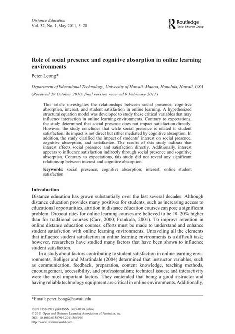 Pdf Role Of Social Presence And Cognitive Absorption In Online Learning Environments Dokumen