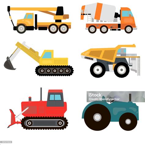 만화 전송 집합입니다 굴 삭 기 크레인 트랙터 불도저 덤프 트럭 벡터 일러스트 레이 션 가장자리에 대한 스톡 벡터 아트 및 기타