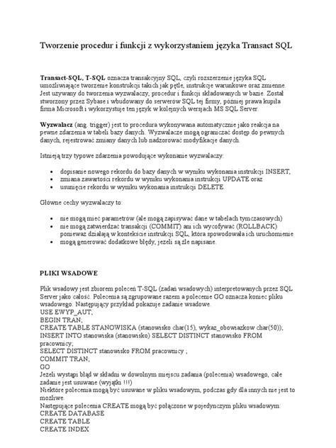 Tworzenie Procedur I Funkcji Z Wykorzystaniem Języka Transact Sql Pdf