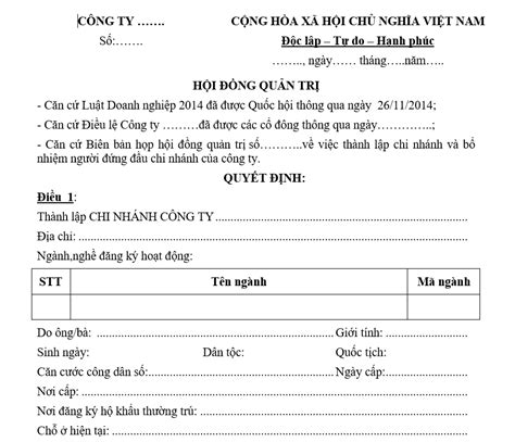 Mẫu Quyết định Thành Lập Chi Nhánh Công Ty Cổ Phần ĐĂng KÝ Kinh Doanh