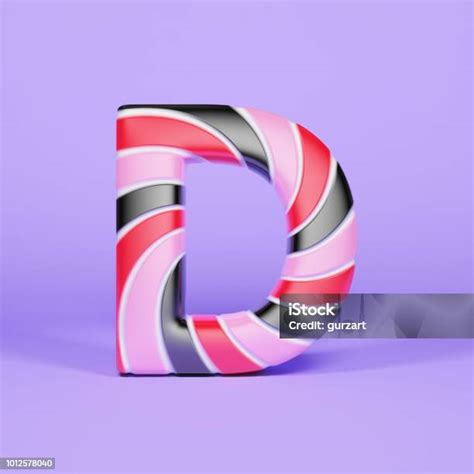 알파벳 D 대문자 편지입니다 분홍색 빨간색과 검은색 줄무늬 사탕 크리스마스 글꼴에 의하여 이루어져 있다 보라색 배경에 3d